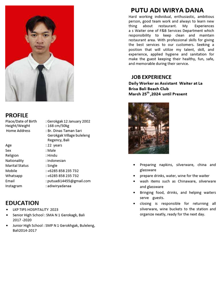 Profile of Putu Adi Wirya Dana | PDF | Restaurants | Waiting Staff