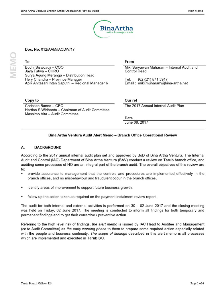 Bina Artha Ventura Audit Alert Memo | PDF | Interest | Audit