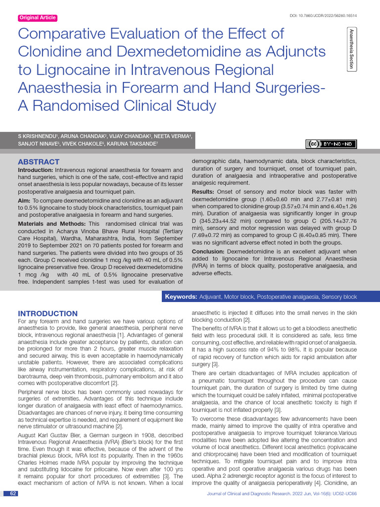 Dexmedetomidine Vs Clonidine in IVRA | PDF | Anesthesia | Pain Management