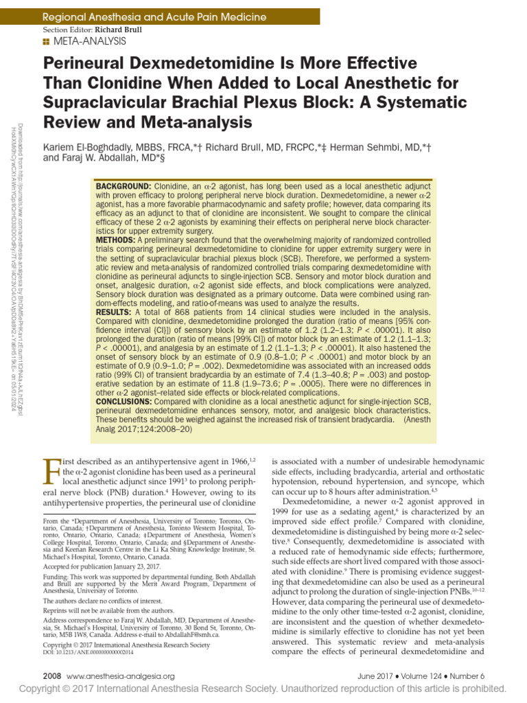 Dexmedetomidine Vs Clonidine Perineural Blocks Metaanalysis | PDF ...