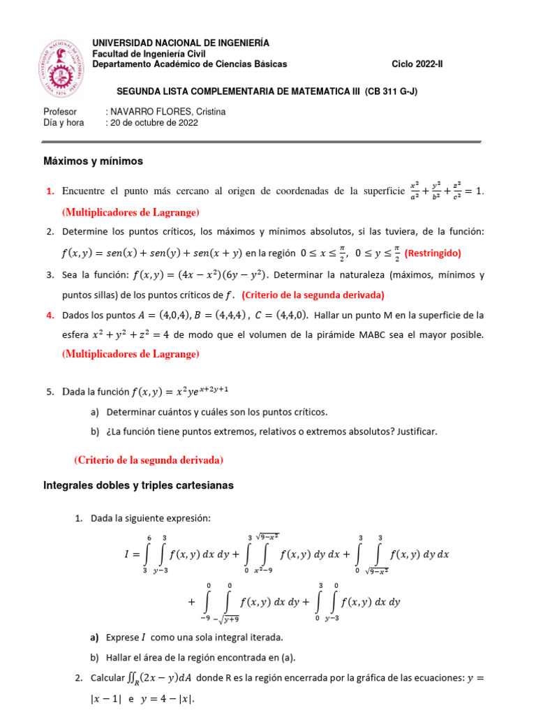 Lista Complementaria # 2 | PDF | Integral | Conceptos matemáticos