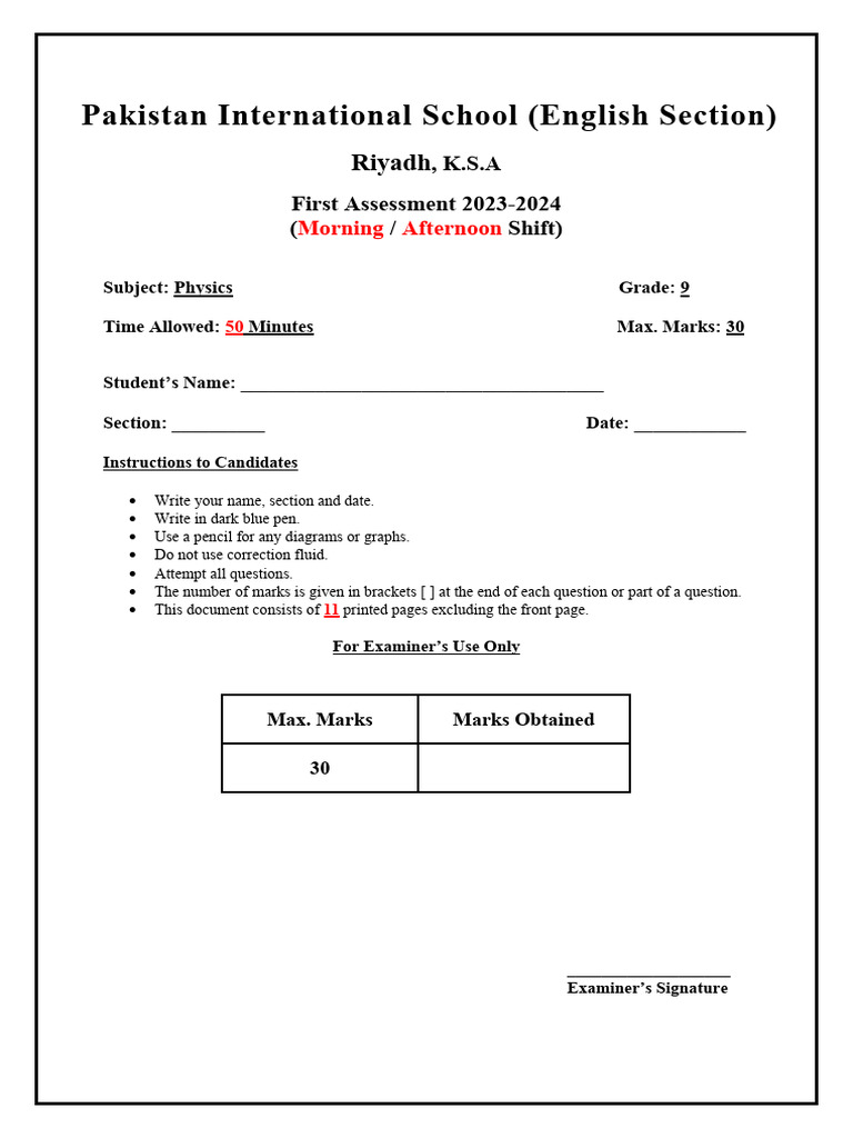 Grade 9 Physics 1st Term Assessment 23-24 | PDF