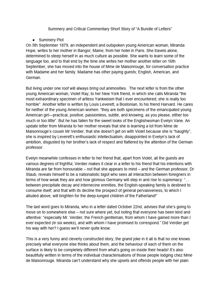 Summery and Critical Commentary Short Story of "A Bundle of Letters ...