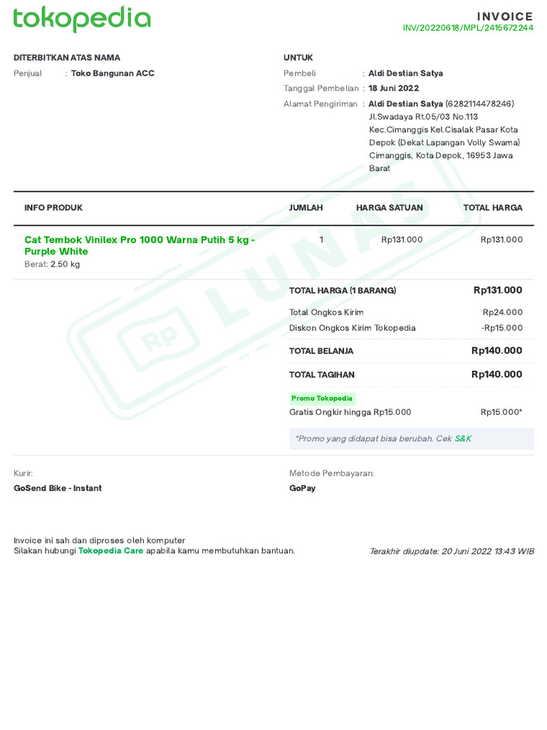 Invoice Pembelian Cat Tembok ACC | PDF