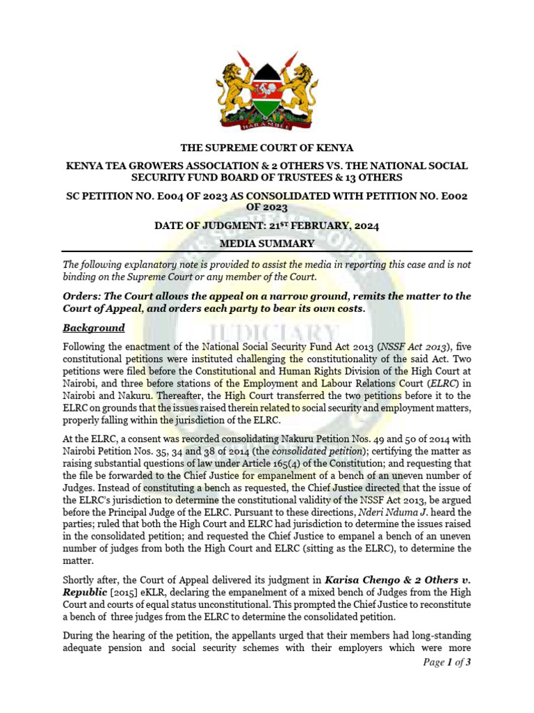 Supreme Court Ruling on NSSF Act 2013 | PDF | Appeal | High Court Of ...