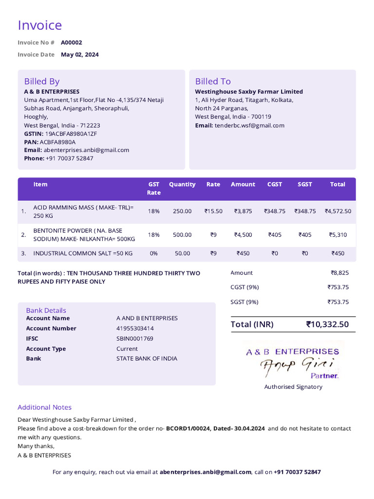 Invoice for Westinghouse Order BCORD1/00024 | PDF | Economy Of India ...