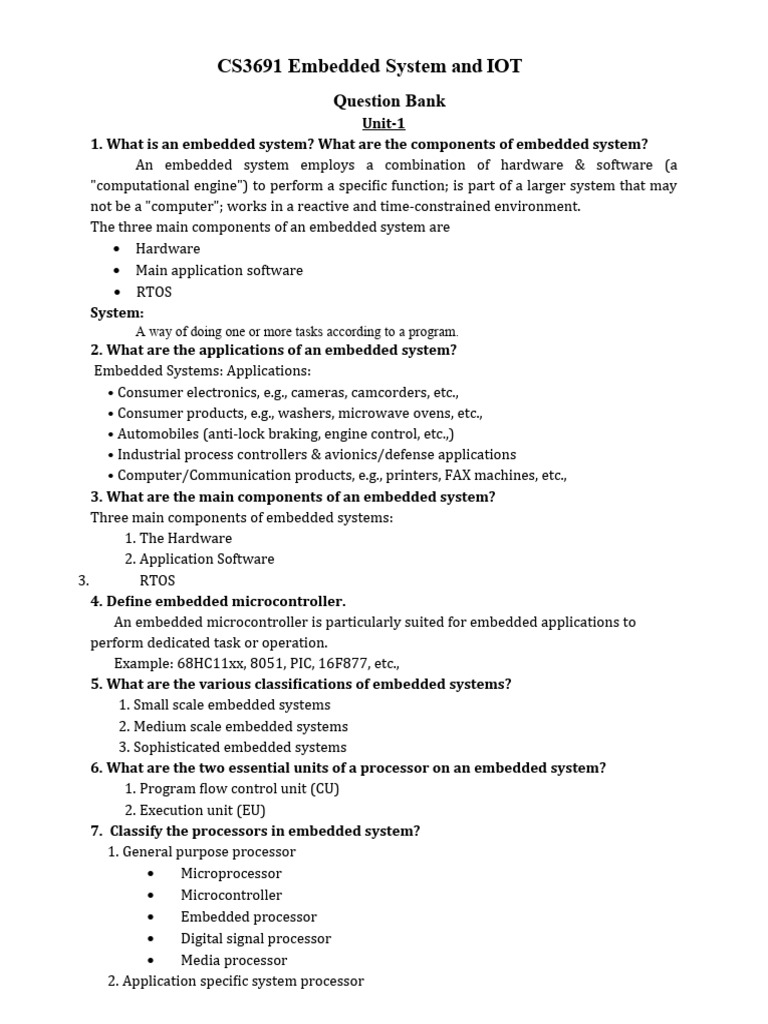 Embedded System and IOT - Question Bank | PDF | Embedded System ...