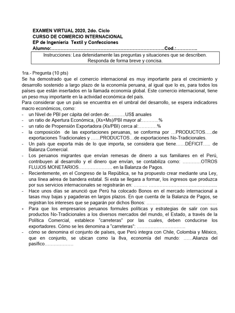EXAMEN VIRTUAL COMINT 2020 2do CICLO | PDF | Perú | El comercio internacional