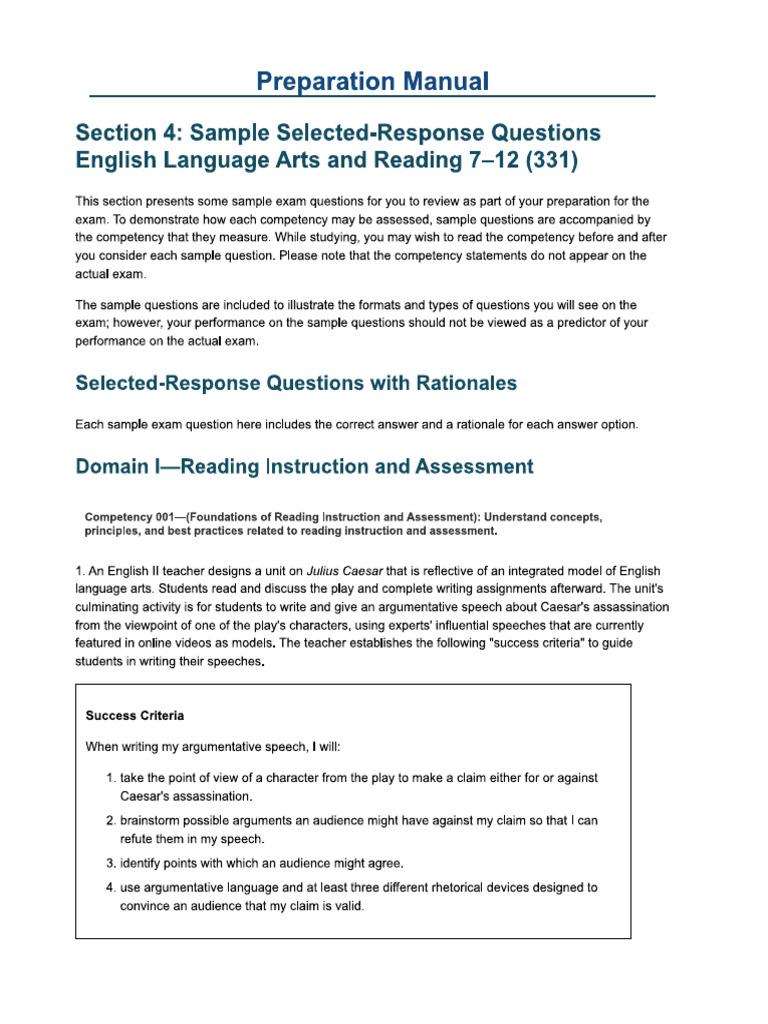 TeXes - Preparation Manual - Selected Response Questions Sample | PDF