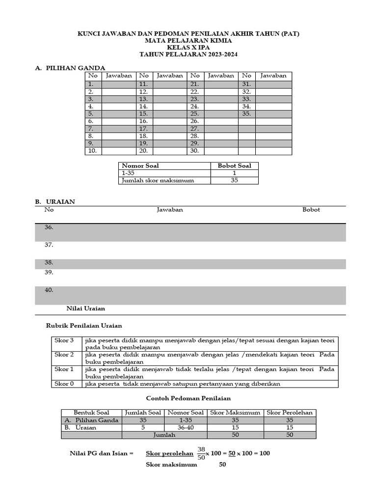 Format Kunci Jawaban, Pedoman Penilaian, Dan Kisi-Kisi PAT 2023-2024 | PDF