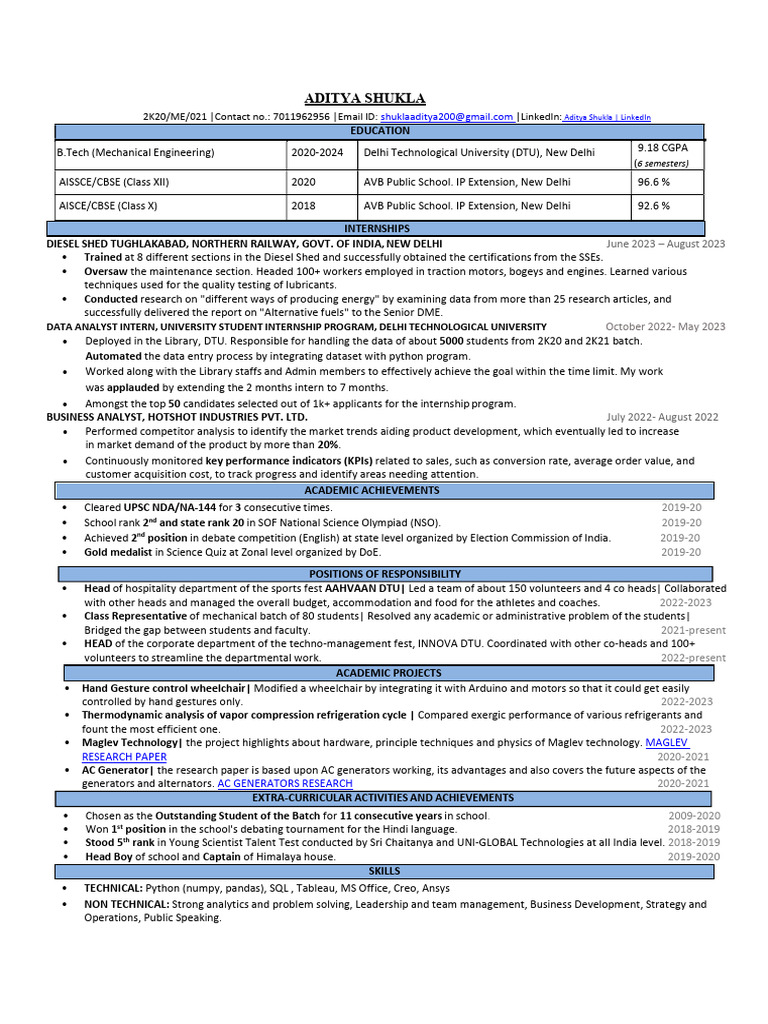 Aditya Shukla Resume Non Tech | PDF