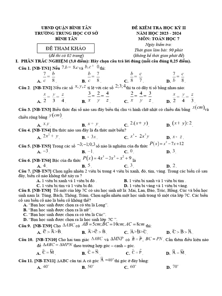Bình Tân - Toán 7 CK2 2023-2024 (Tham KH O) | PDF