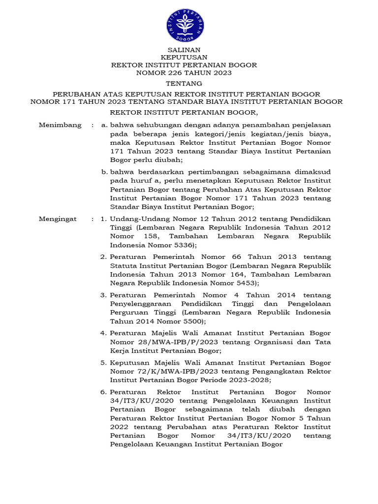 226 Tahun 2023 Perubahan Nomor 171 Tahun 2023 Standar Biaya Institut ...