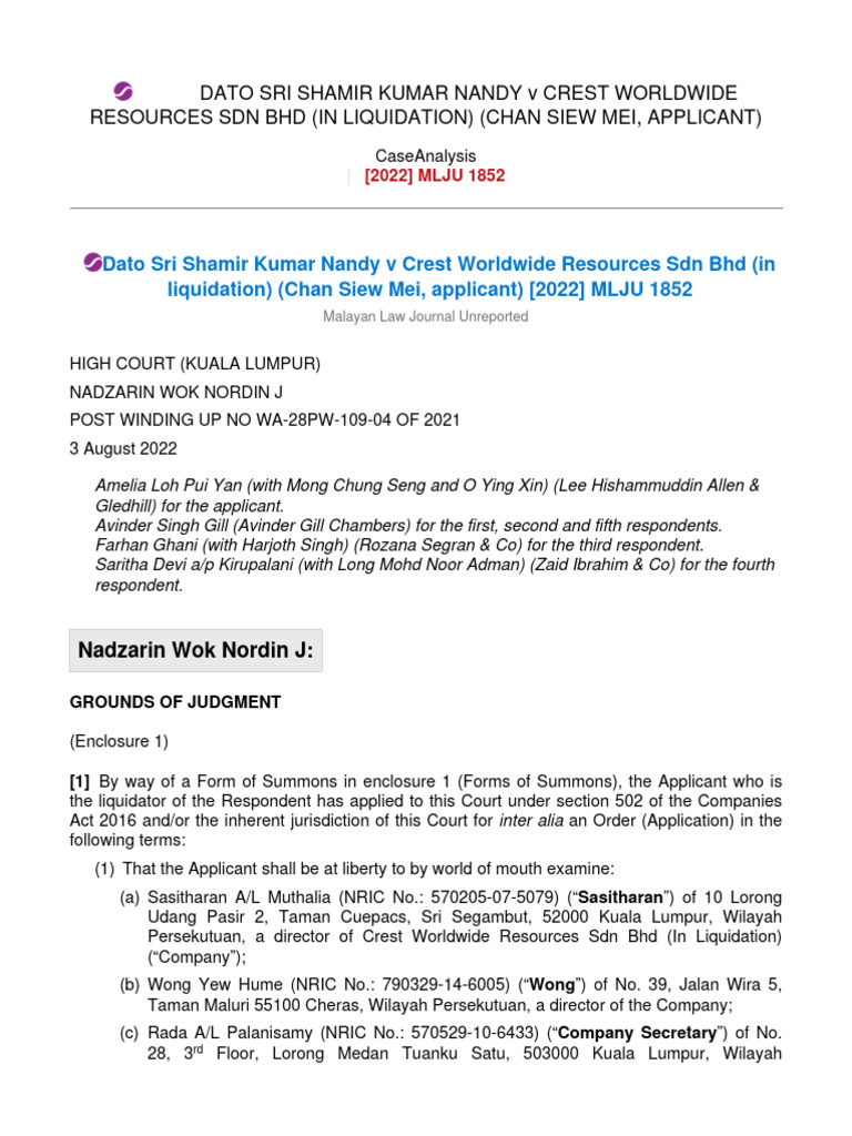 Dato Sri Shamir Kumar Nandy V Crest Worldwide Resources SDN BHD (In ...