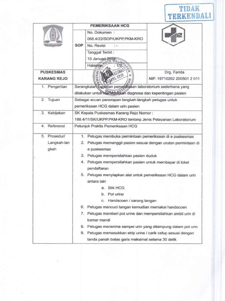 SOP Pemeriksaan HCG | PDF