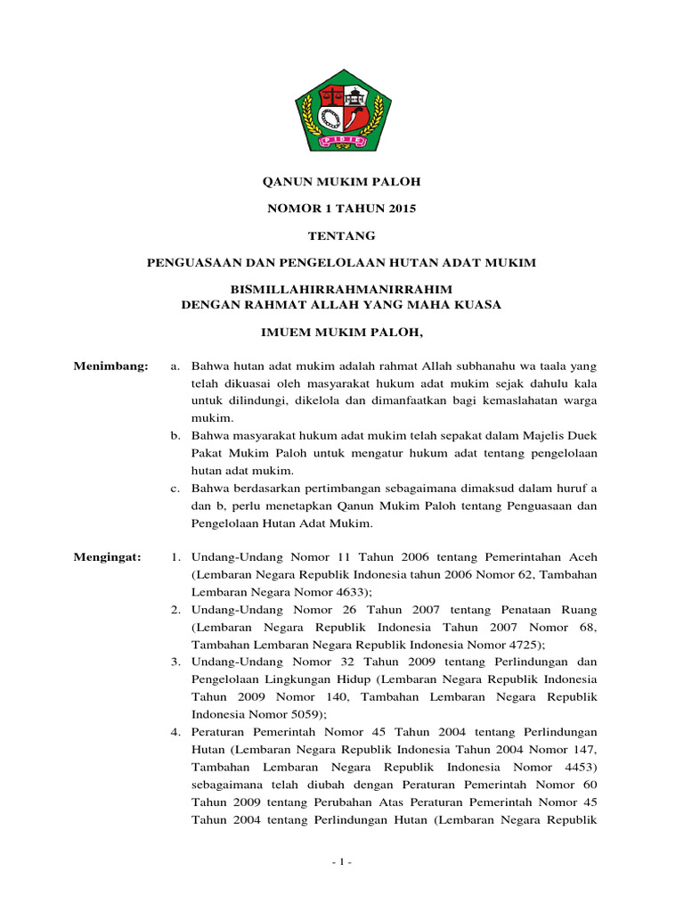 Qanun Mukim Paloh No 1 THN 2015 TTG Penguasaan Dan Pengelolaan Hutan Adat Mukim | PDF