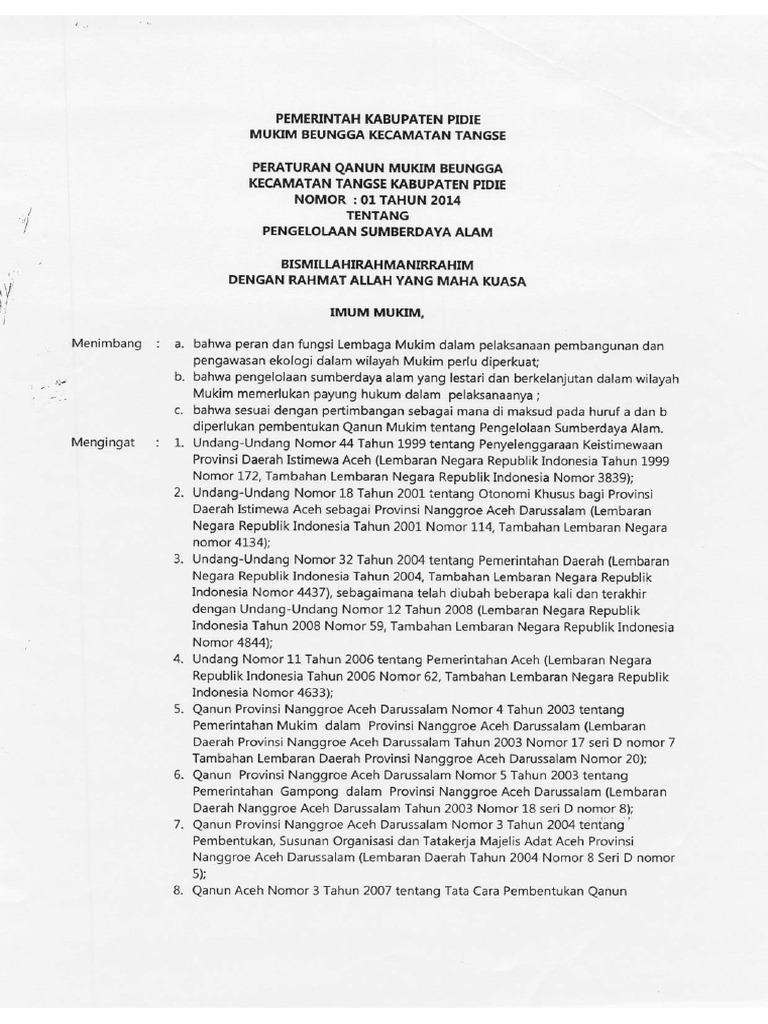 Qanun Mukim Beungga No 1 THN 2014 TTG Pengelolaan SDA | PDF