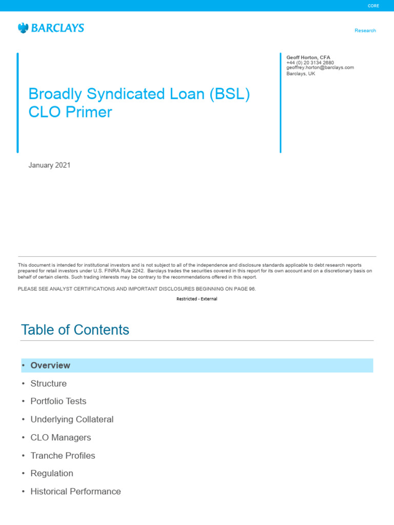 BSL CLO Primer Barclays | PDF | Collateralized Debt Obligation ...