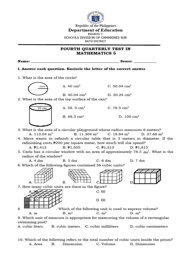 PT MATHEMATICS-5 Q4final-1 | PDF | Volume | Probability