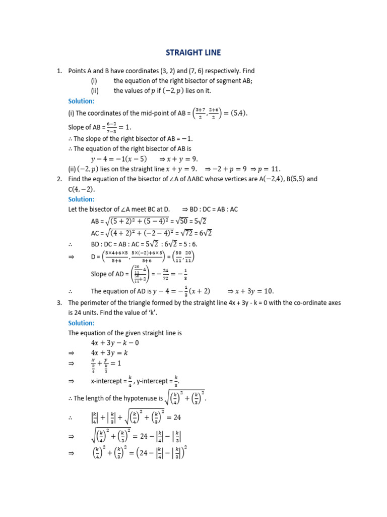 Straight Line Geometry Problems and Solutions | PDF | Triangle | Line ...