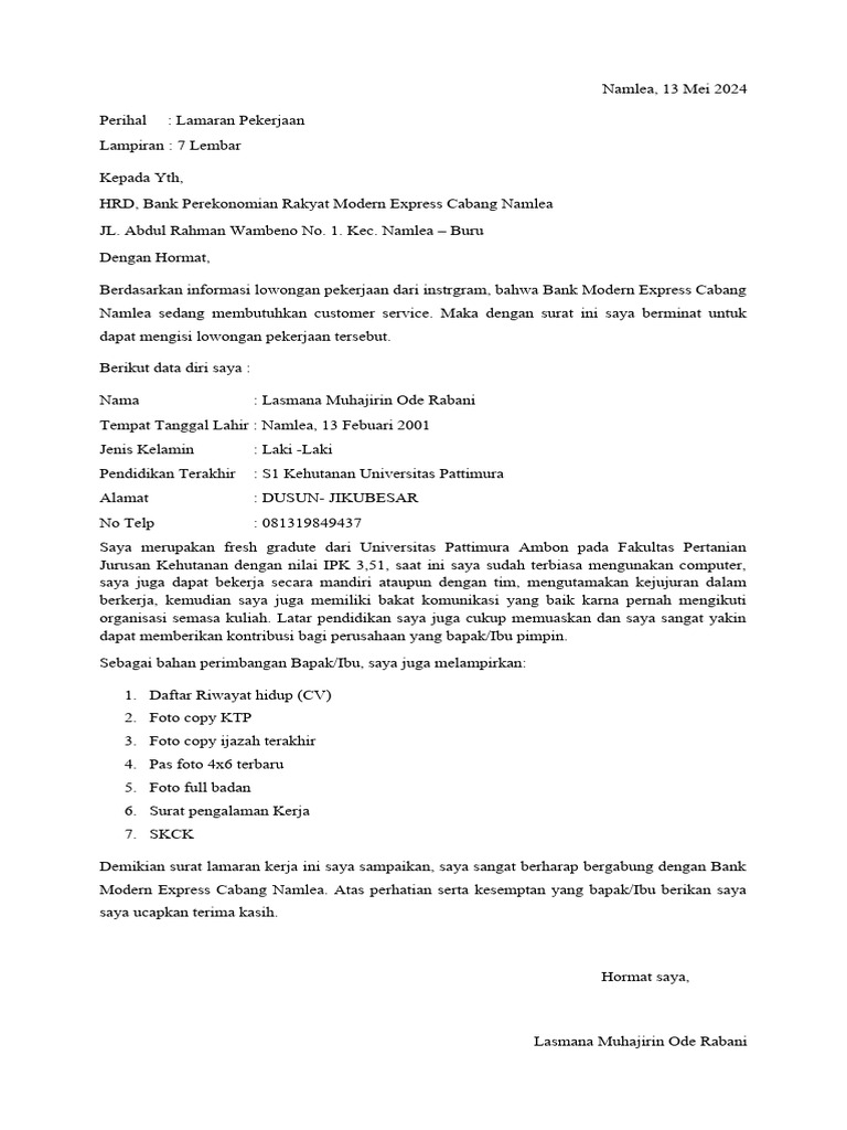 Surat Lamaran Lasmana | PDF | Ilmu Sosial