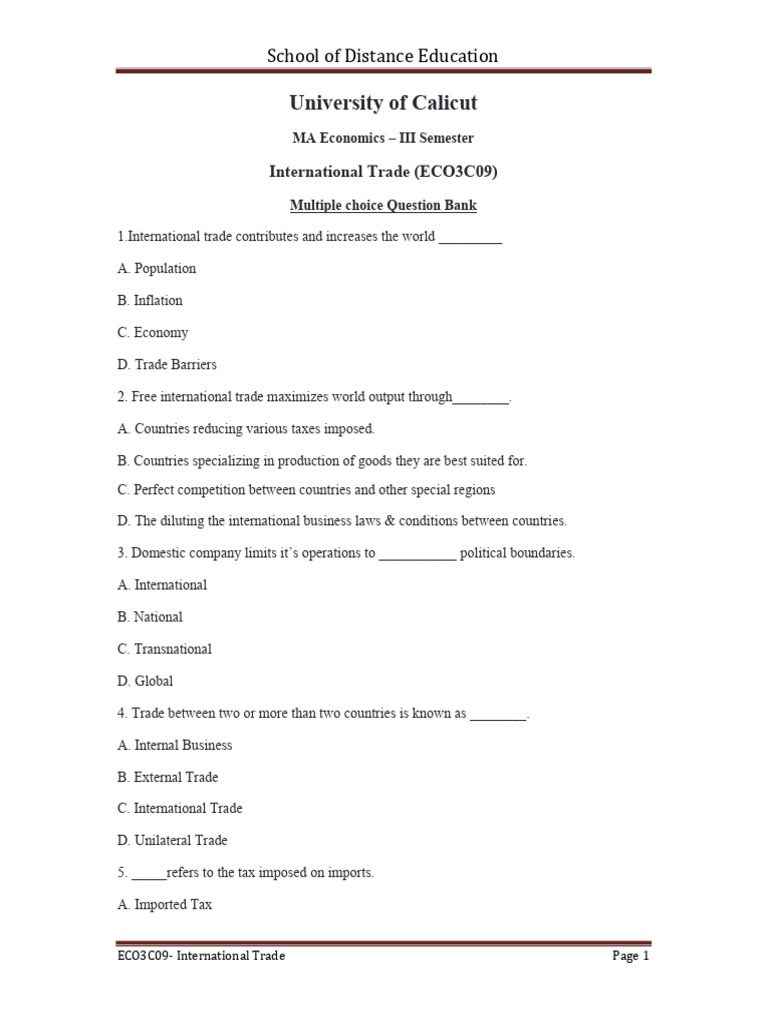 MCQ International Trade | Download Free PDF | Tariff | Non Tariff Barriers To Trade