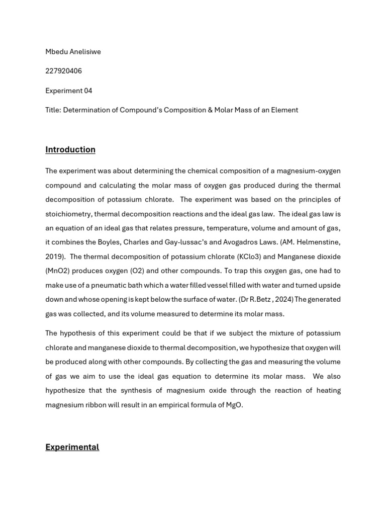 Anelisiwe Mbedu 227920406 Prac 04 | PDF | Gases | Magnesium