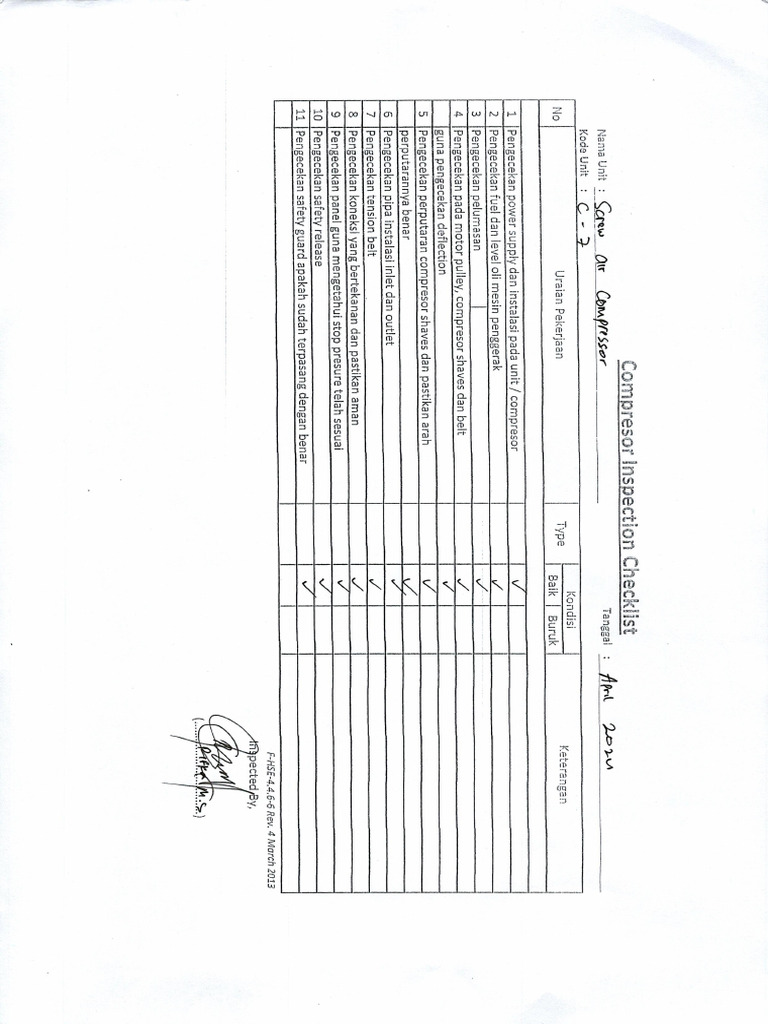 COMPRESSOR INSPETION CHECKLIST APRIL 2024 | PDF