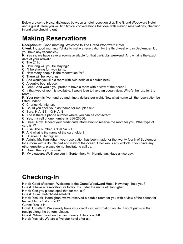 Below Are Some Typical Dialogues Between A Hotel Receptionist at The ...