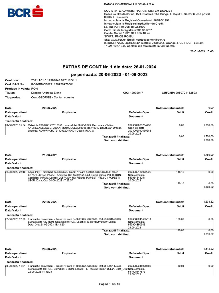 Pe Perioada: 20-06-2023 - 01-08-2023 EXTRAS DE CONT Nr. 1 Din Data: 26 ...