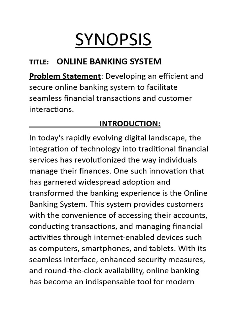 Synopsis Mini | PDF | Banks | Online Banking
