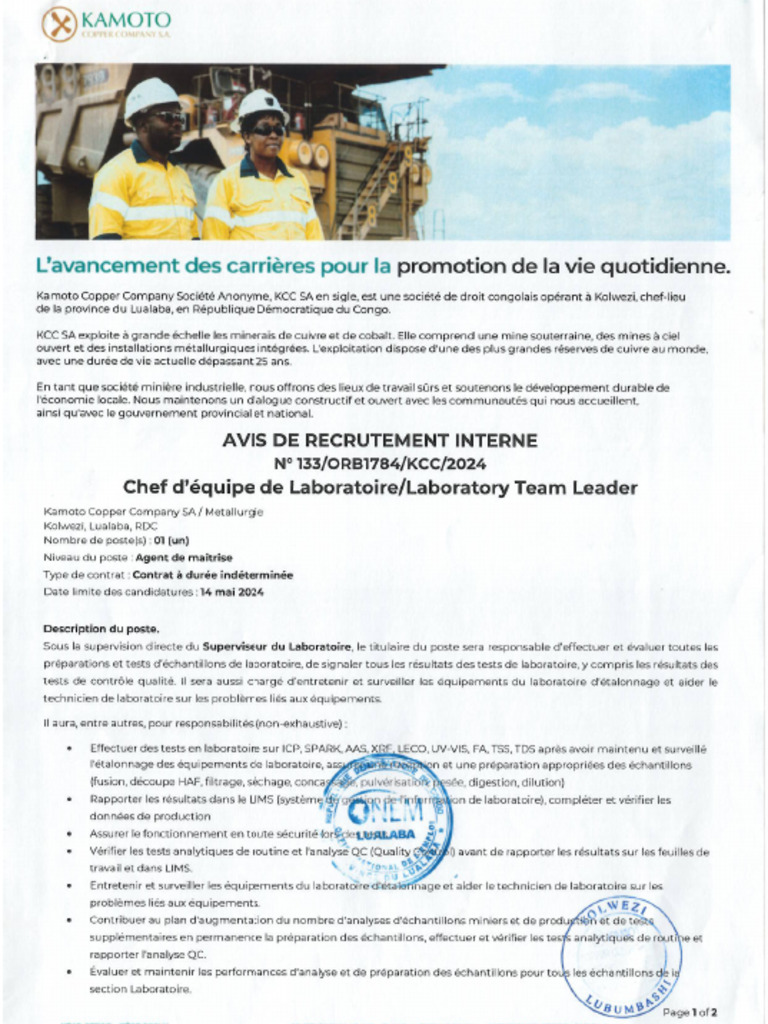 Avis de Recrutement Interne Externe Chef D Equipe de Laboratoire 133 | PDF