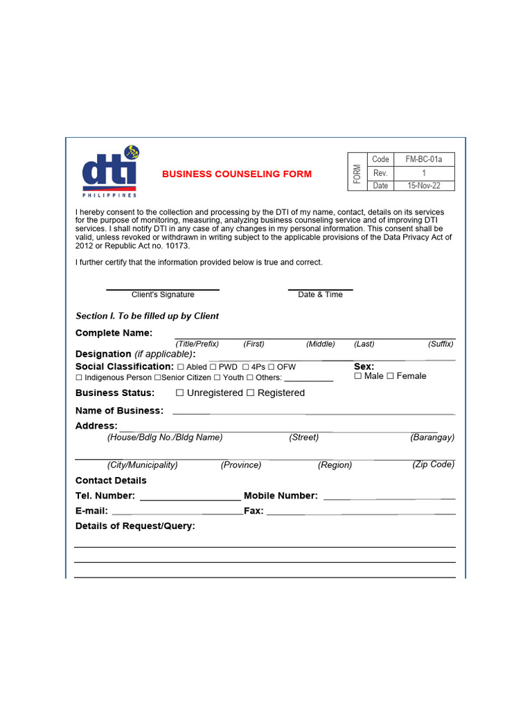DTI Business Counseling Form | PDF | Business