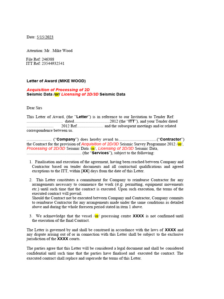 Letter of Award for Seismic Data Services | PDF | Finance & Money ...