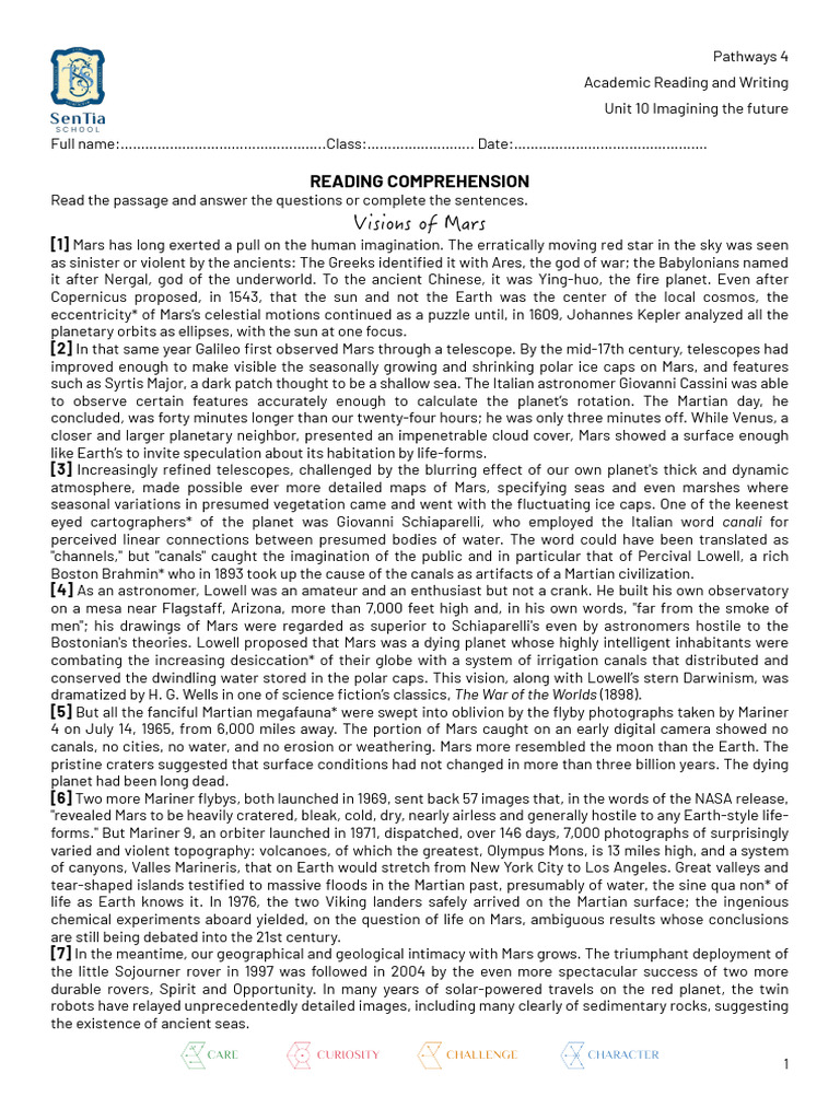 P4 - U10 Reading Comprehension | PDF | Mars | Physical Sciences