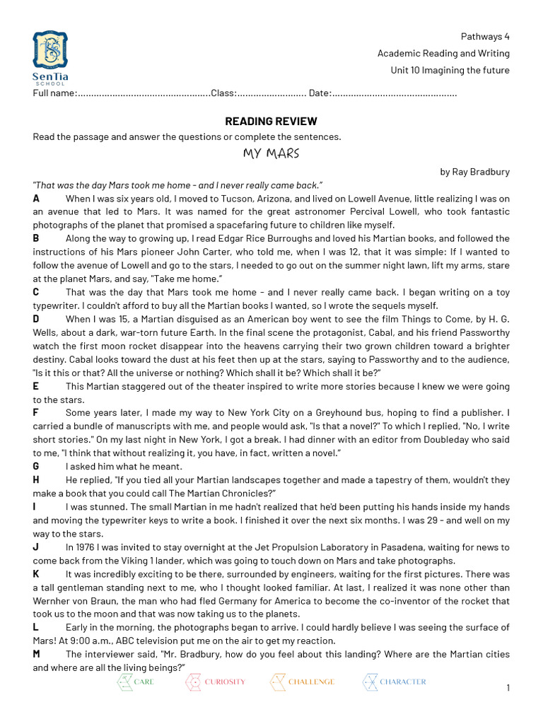 P4 - U10 Reading Review 2 Key | PDF | Mars | The War Of The Worlds