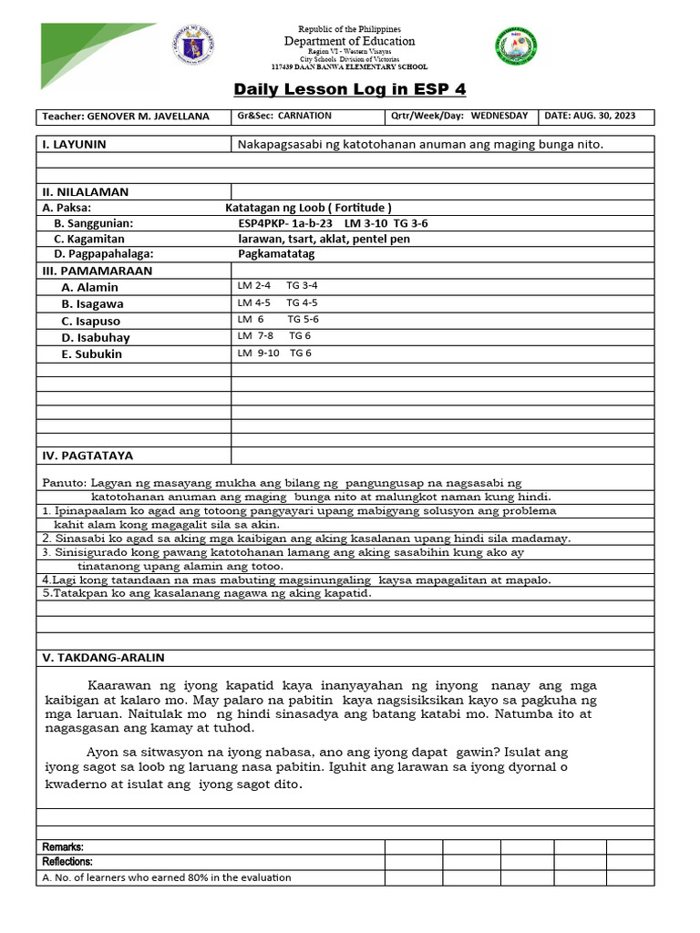 DLL ESP Q1 Lesson 1a | PDF