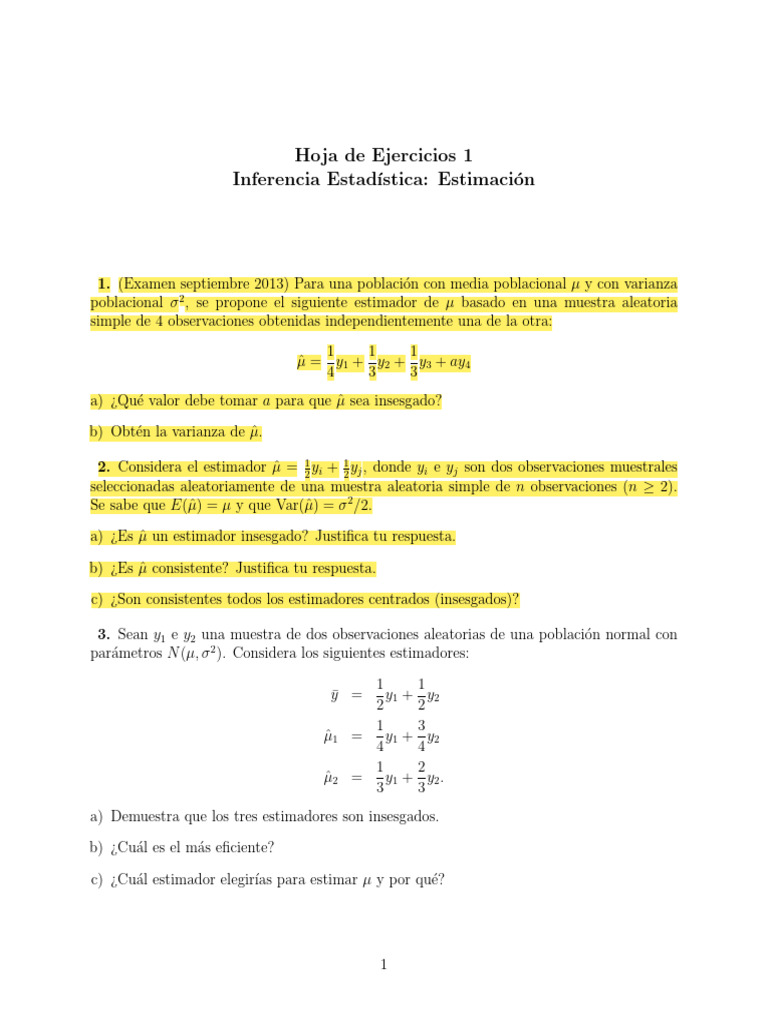 Hoja de Ejercicios 1 | PDF | Estimador | Intervalo de confianza