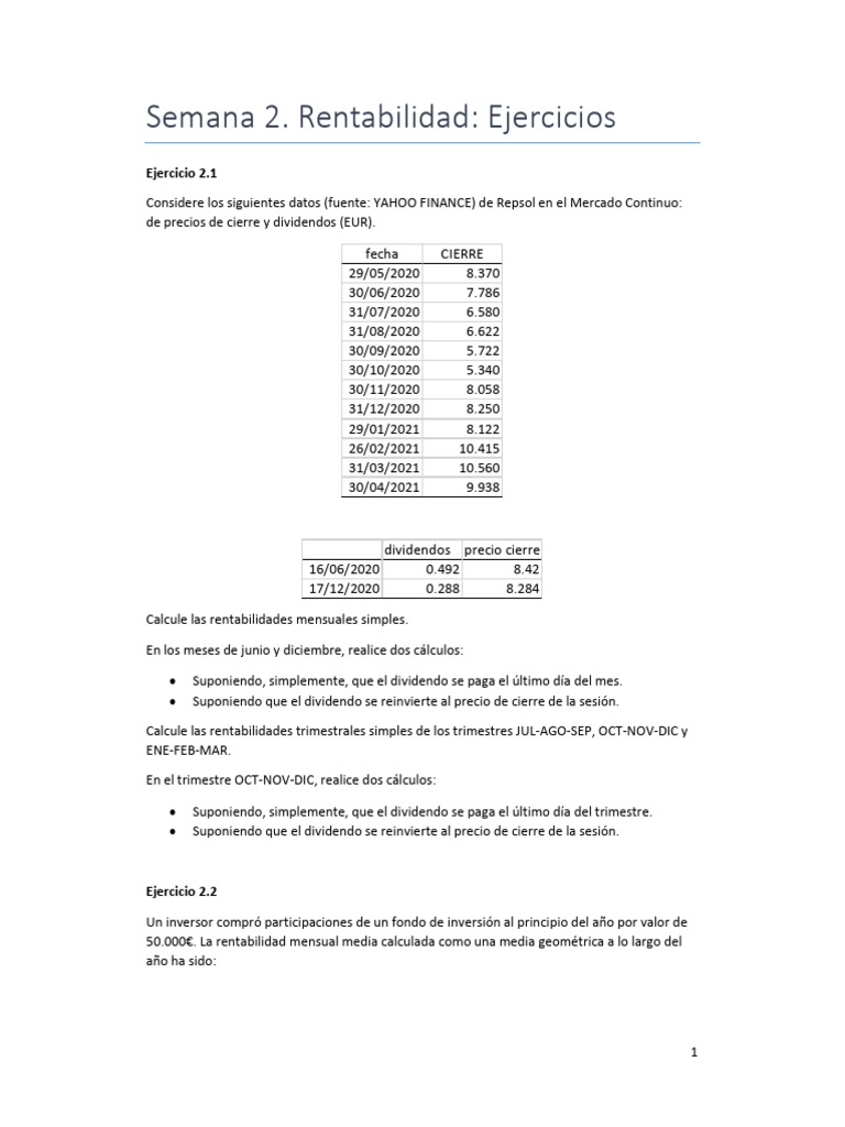 Ejercicios de Rentabilidad Financiera | PDF | Gestión de activos ...
