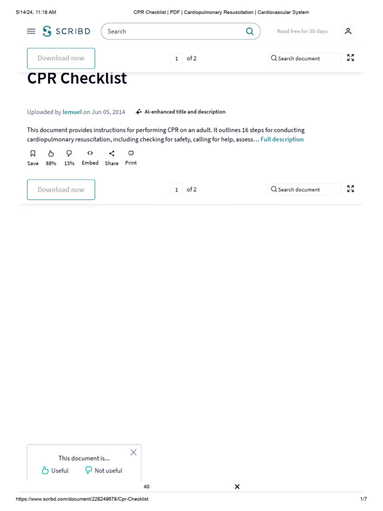 CPR Checklist - PDF - Cardiopulmonary Resuscitation - Cardiovascular System | PDF | Scribd ...