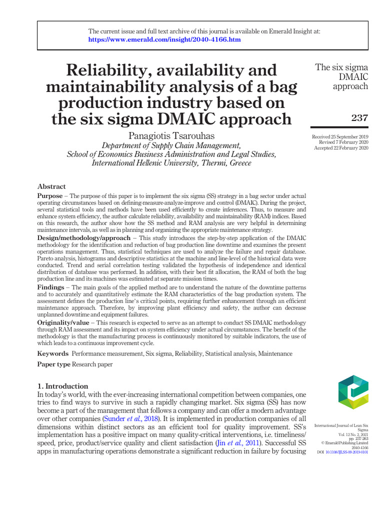 RAM Analysis of A Bag Production Industry Based On DMAIC Approach | Download Free PDF ...