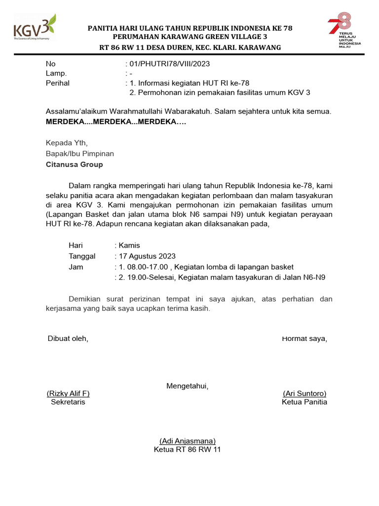 Permohonan Izin HUT RI ke-78 KGV 3 | PDF