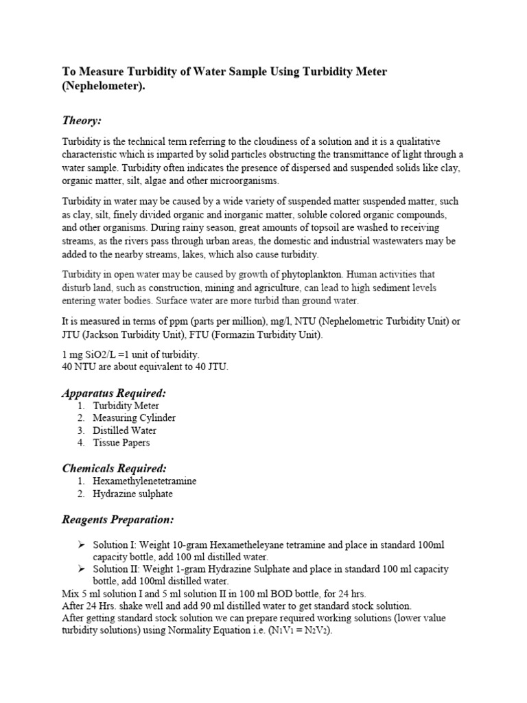 Measuring Turbidity with JTU Standards | PDF | Environmental Issues ...