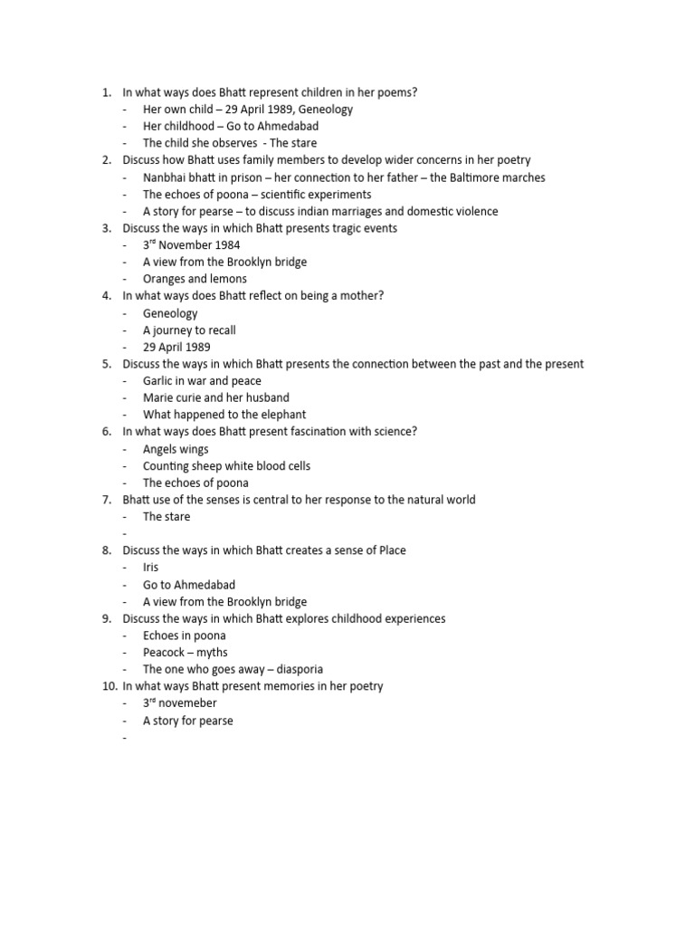 Sujata Bhatt Past Paper Questions Pdf