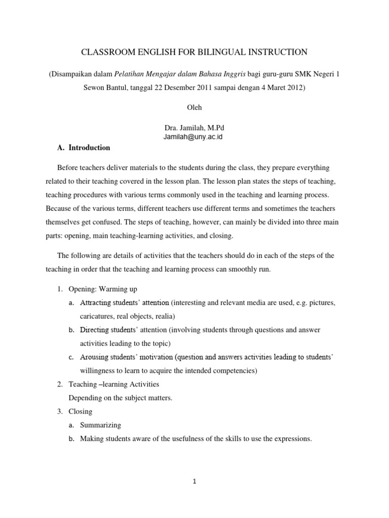 Classroom English Bilingual Instruction 9a | PDF | Lesson Plan
