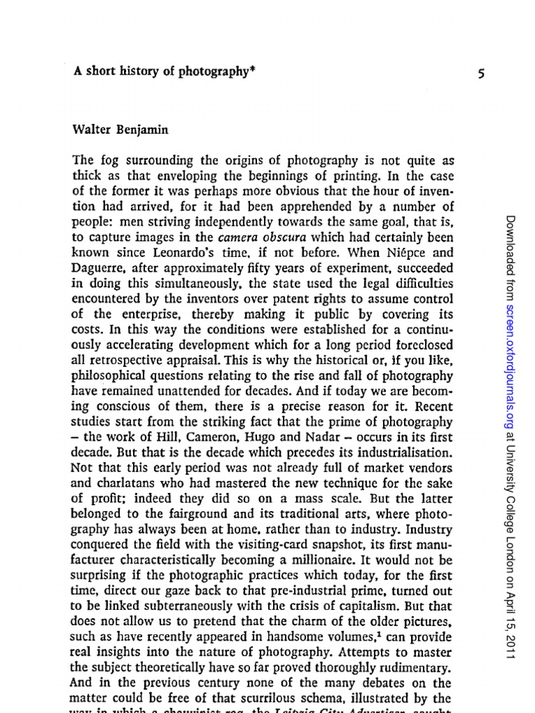 Walter Benjamin - A Short History of Photography | PDF | Camera | Paintings