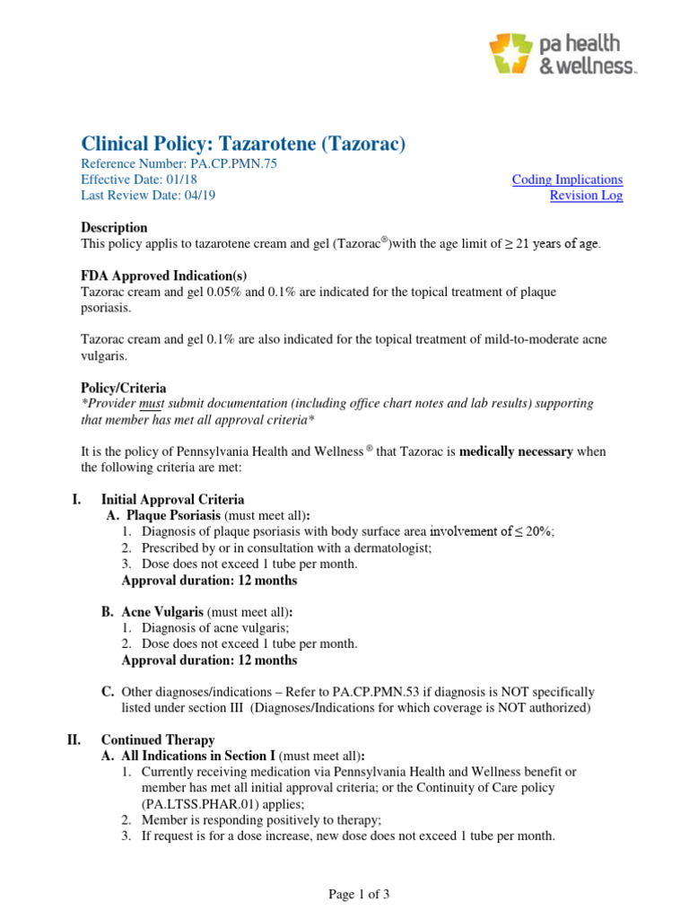 PA - CP.PMN.75 Tazarotene (Tazorac) | PDF | Medical Diagnosis | Psoriasis