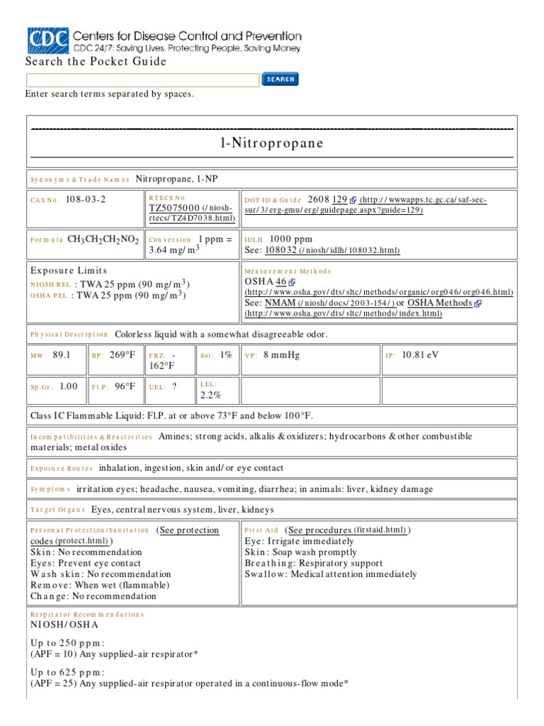CDC - NIOSH Pocket Guide to Chemical Hazards - 1-Nitropropan | PDF ...