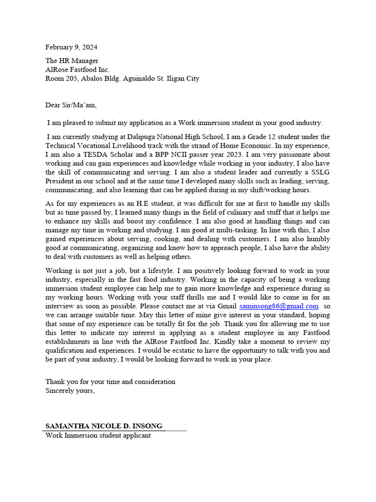 Application for Work Immersion Student | PDF | Career & Growth