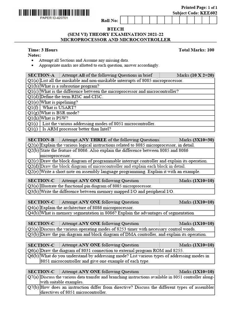 Btech Ee 6 Sem Microprocessor and Microcontroller Kee602 2022 | PDF | Microcontroller ...